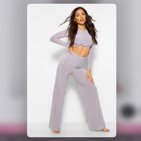 Boohoo | Pants & Jumpsuits | Boohoo Nude Slinky Top Knot And Wide Leg ...